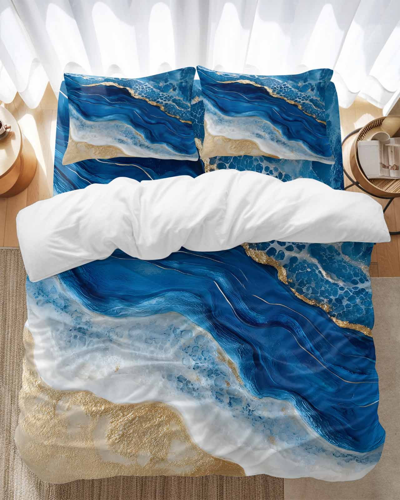 Abstract Waves Bedding Duvet Cover Set Full Size 4 Pieces White Gold ...