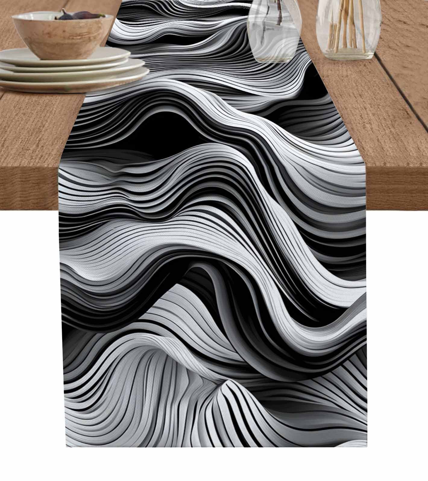 Abstract Waves Burlap Cotton Table Runner 13x108 Inches Long, Black ...