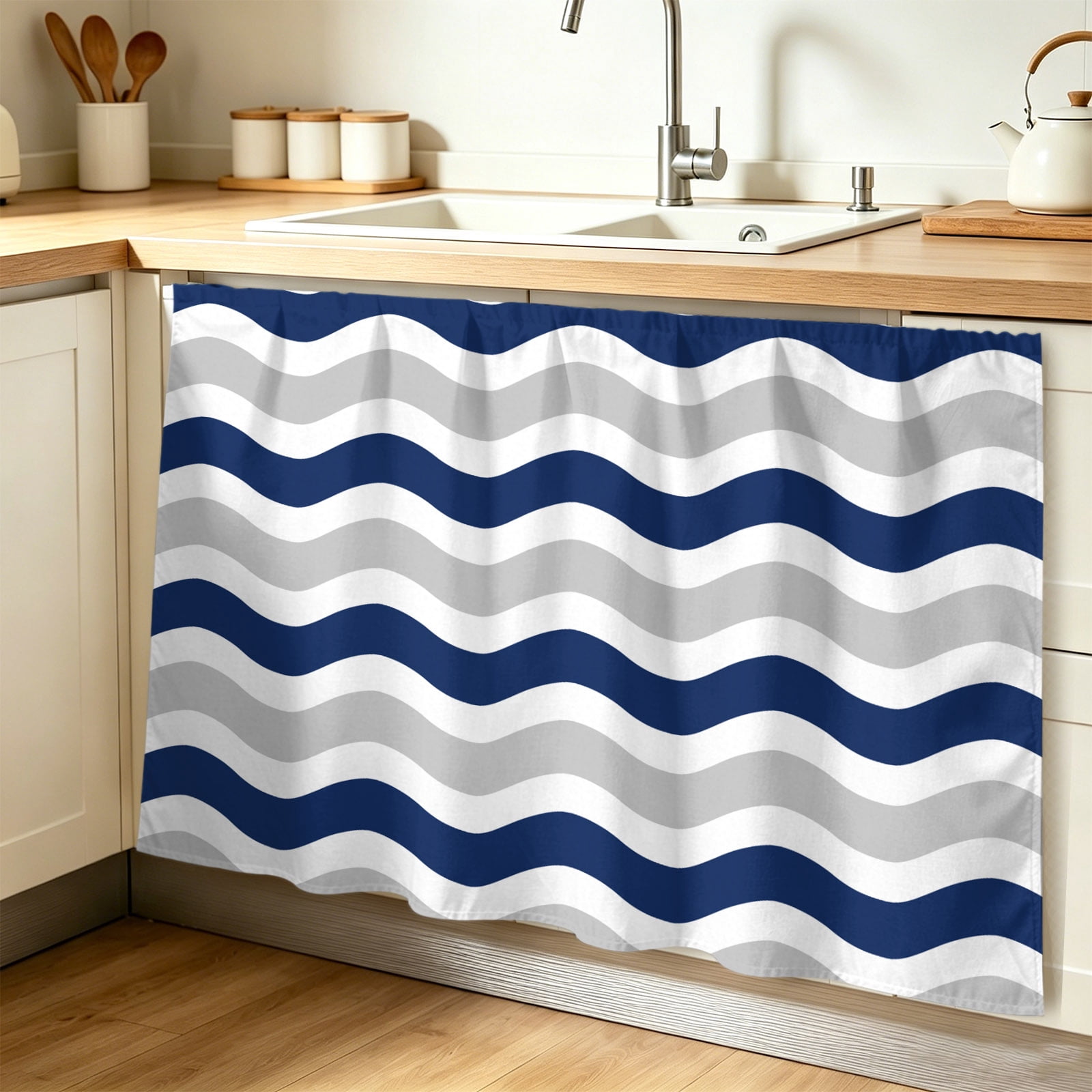 Abstract Waves Cabinet Curtain, Navy Blue Grey Water Ripple Stripes ...