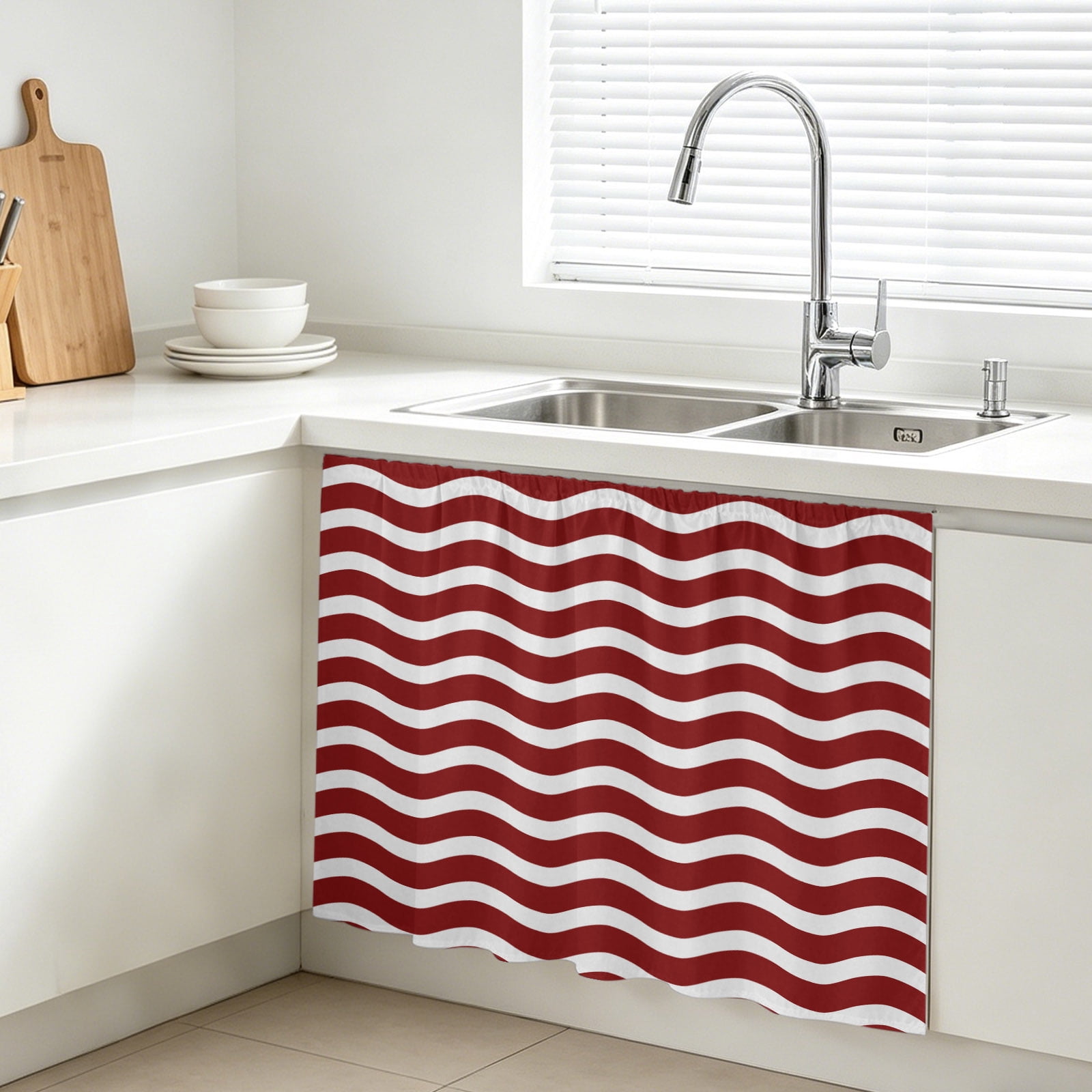 Abstract Waves Cabinet Curtain, Stripes Red Water Ripple Sink Skirt for ...