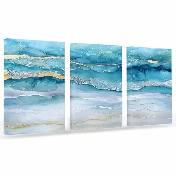 Abstract Waves Canvas Wall Art 3 Panels, Spray Beach Ocean Watercolor ...