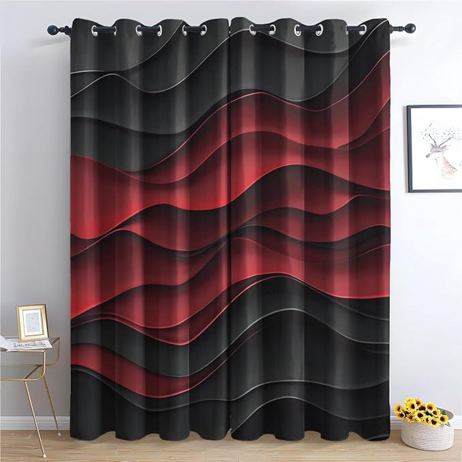 Abstract Waves Curtains for Living Room, Red Black Gradient Blackout ...