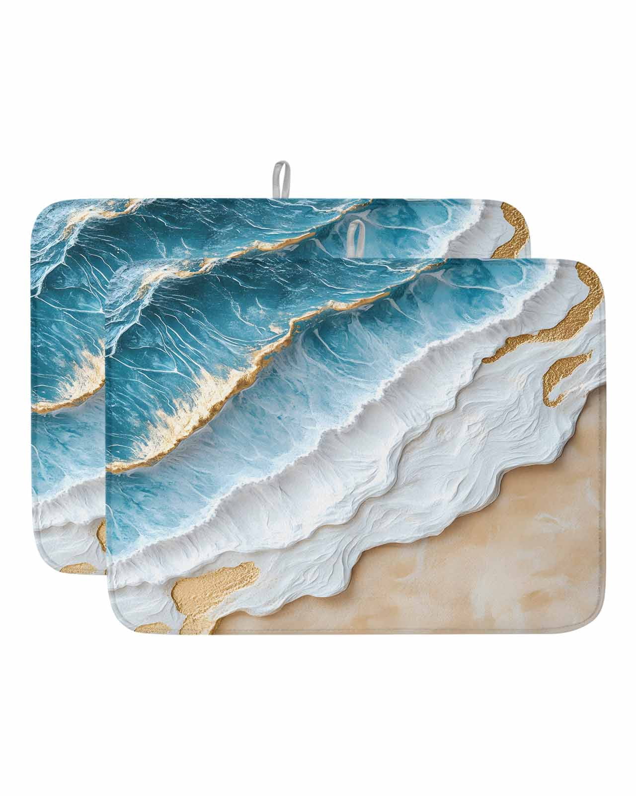 Abstract Waves Dish Drying Mat 18x24 inch Gold Beach Blue Ocean Oil ...
