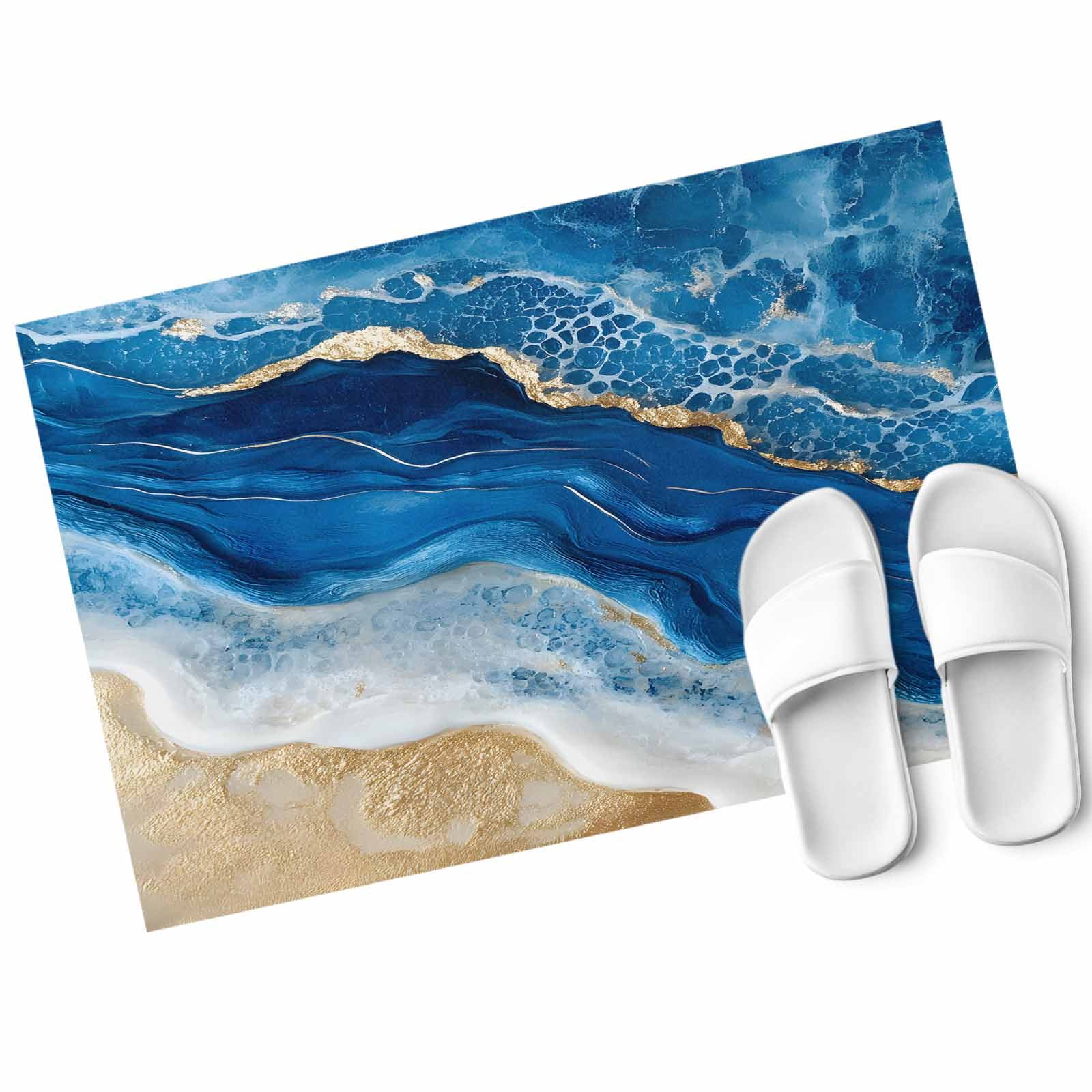 Abstract Waves Door Mat White Gold Blue Ocean Oil Painting Style Non ...