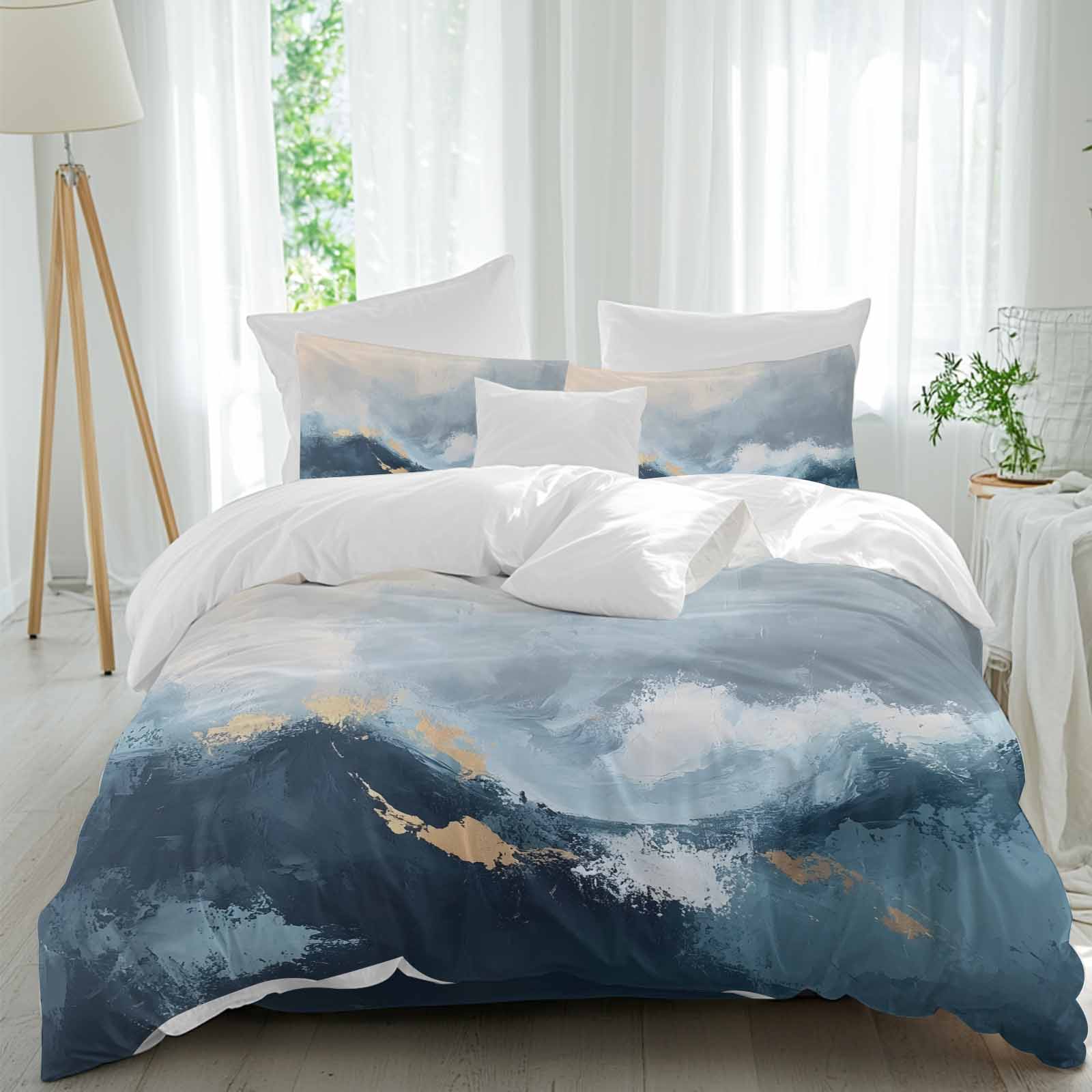 Abstract Waves Duvet Cover Set Full Size, Blue Theme Oil Painting Style ...