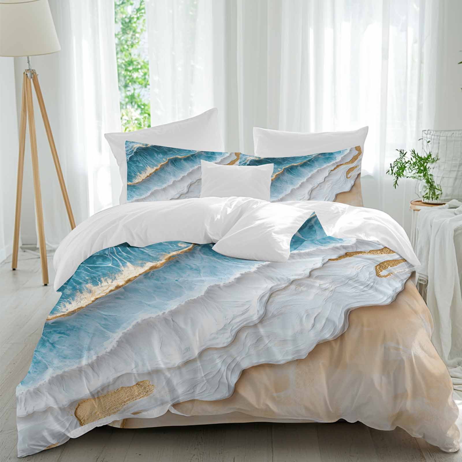 Abstract Waves Duvet Cover Set Full Size Gold Beach Blue Ocean Oil ...