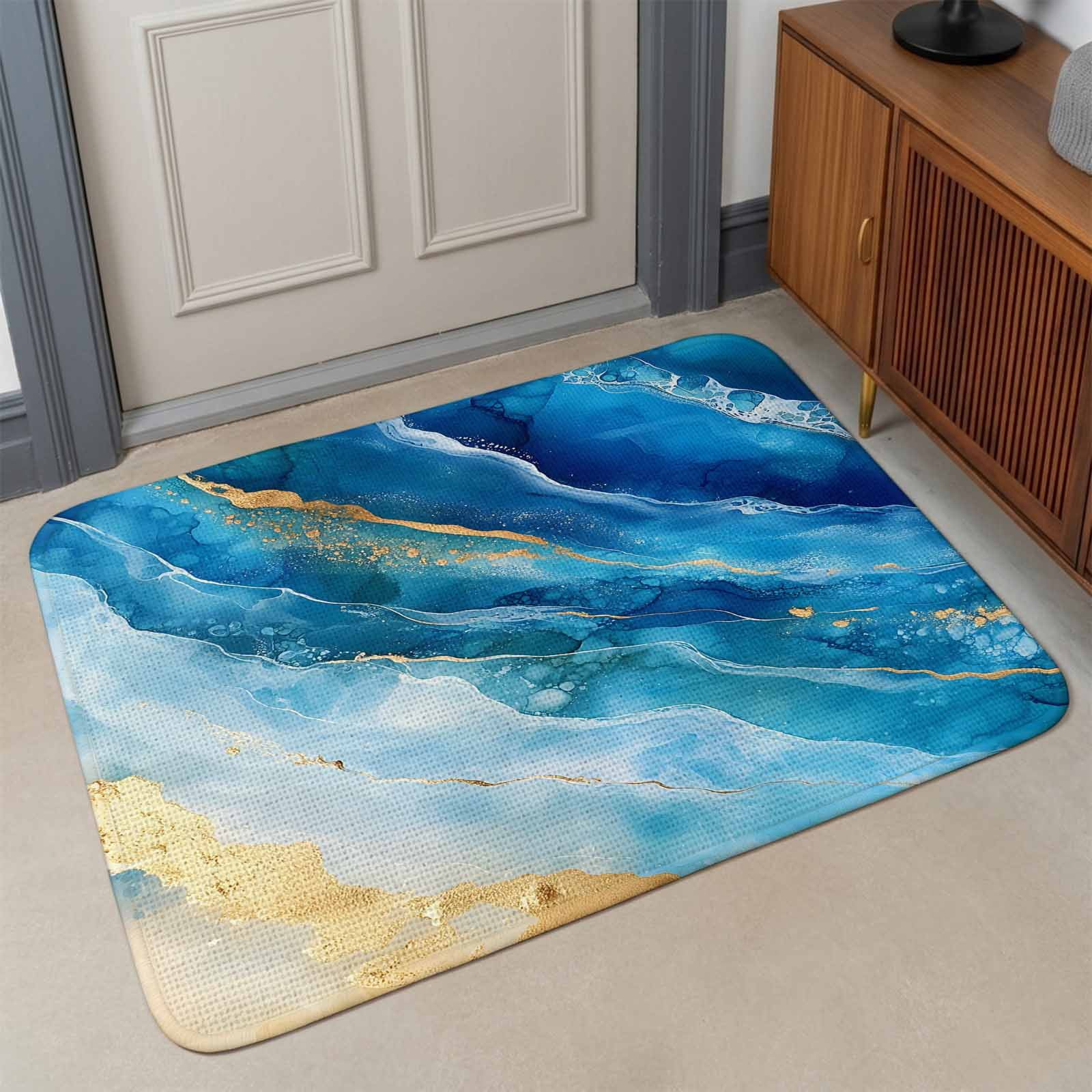 Abstract Waves Front Door Mat Indoor Entrance, Retro Blue Gold White ...