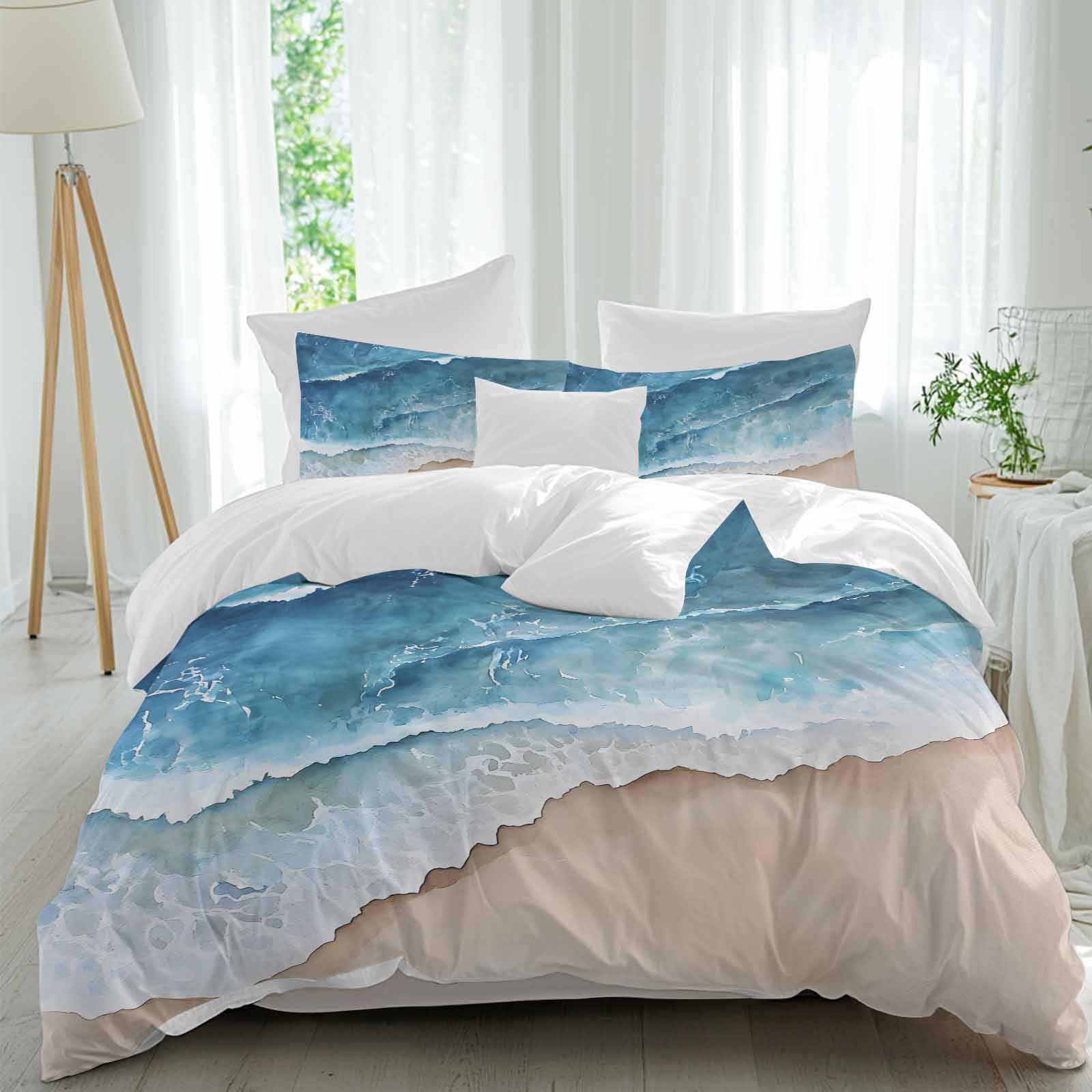 Abstract Waves Full Duvet Cover Set, Blue White Ocean Spray Seaside ...