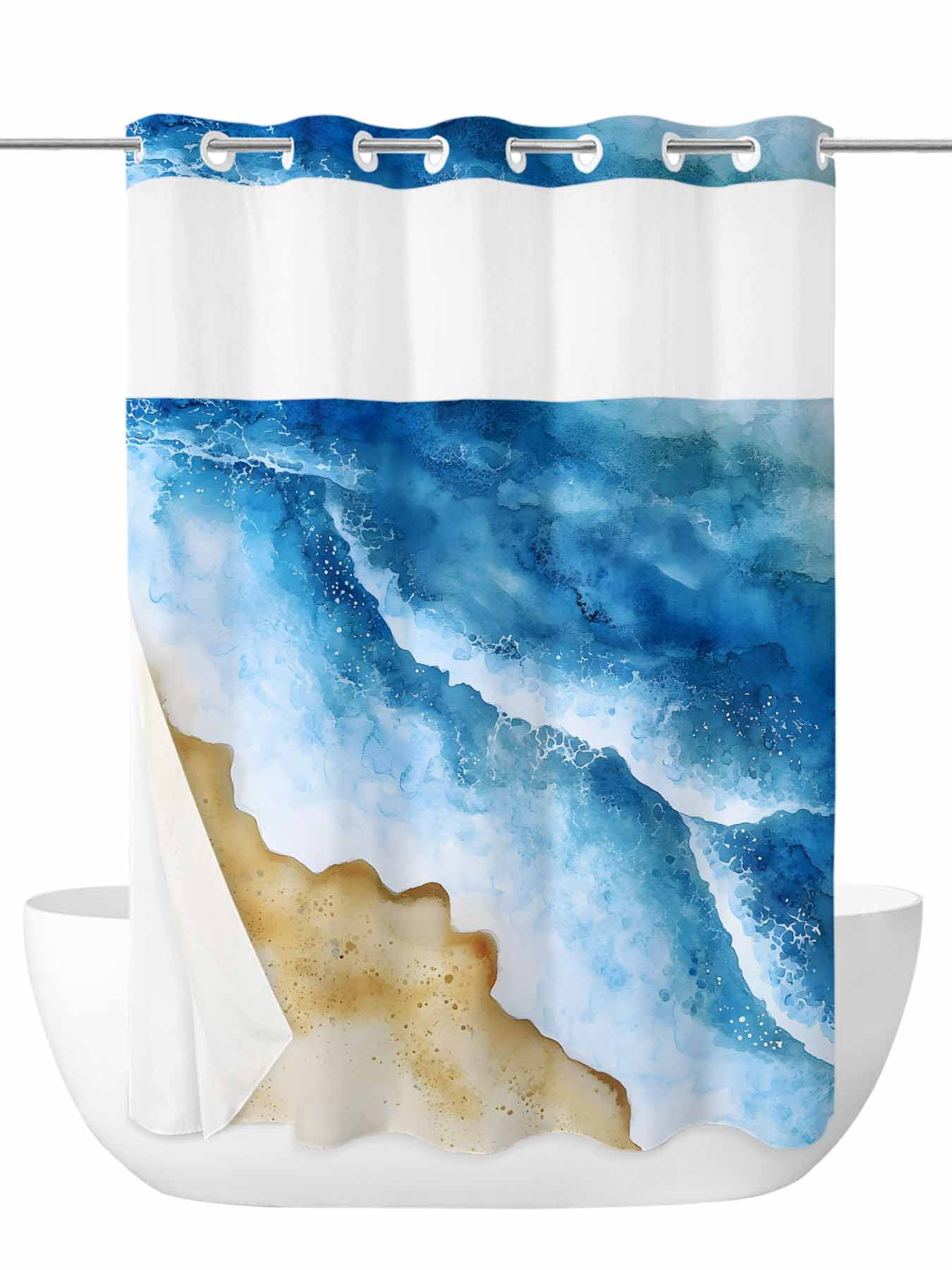 Abstract Waves No Hook Shower Curtain and Liner Set Beach Ocean Spray ...