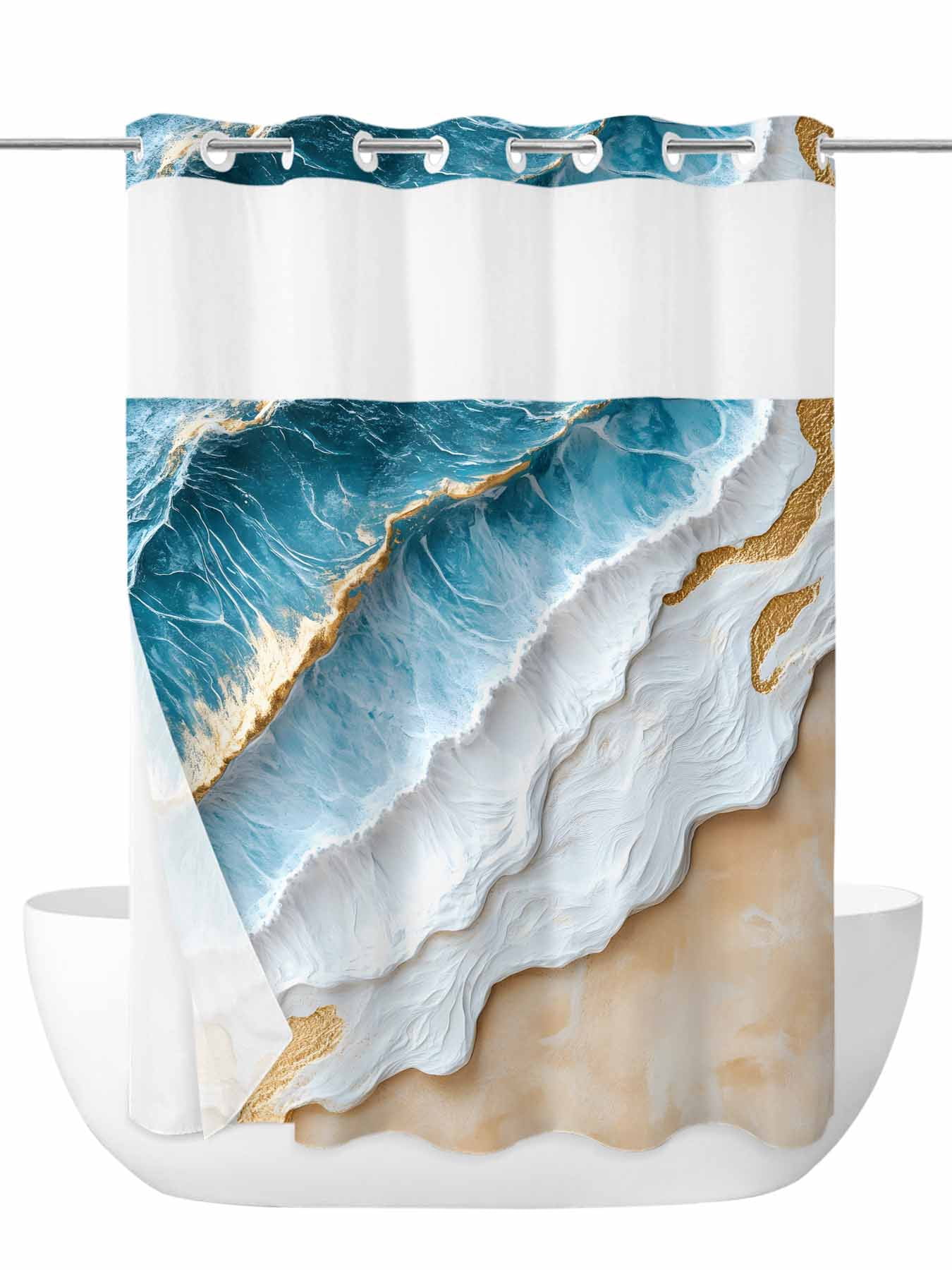 Abstract Waves No Hook Shower Curtain and Liner Set Gold Beach Blue ...