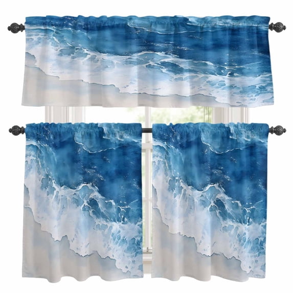 Abstract Waves Kitchen Curtains Set for Windows, Blue Ocean Spray ...