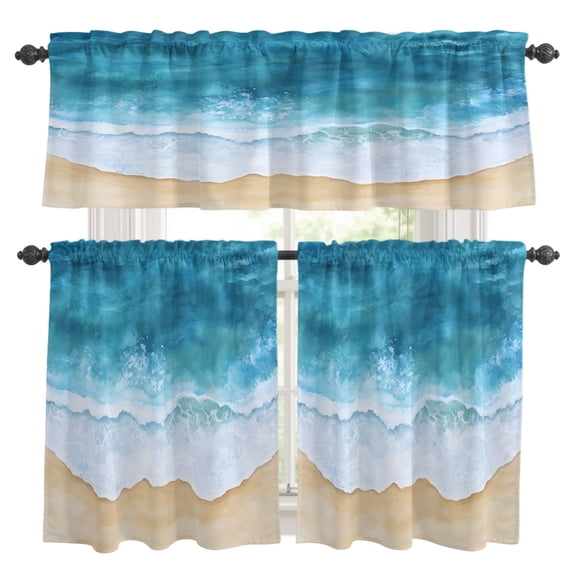 Abstract Waves Kitchen Curtains Set for Windows, Blue White Ocean ...
