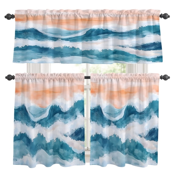 Abstract Waves Kitchen Curtains Set for Windows, Spray Orange Blue ...