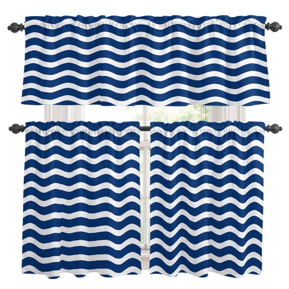 Abstract Waves Kitchen Curtains Set for Windows, Stripes Navy Blue ...