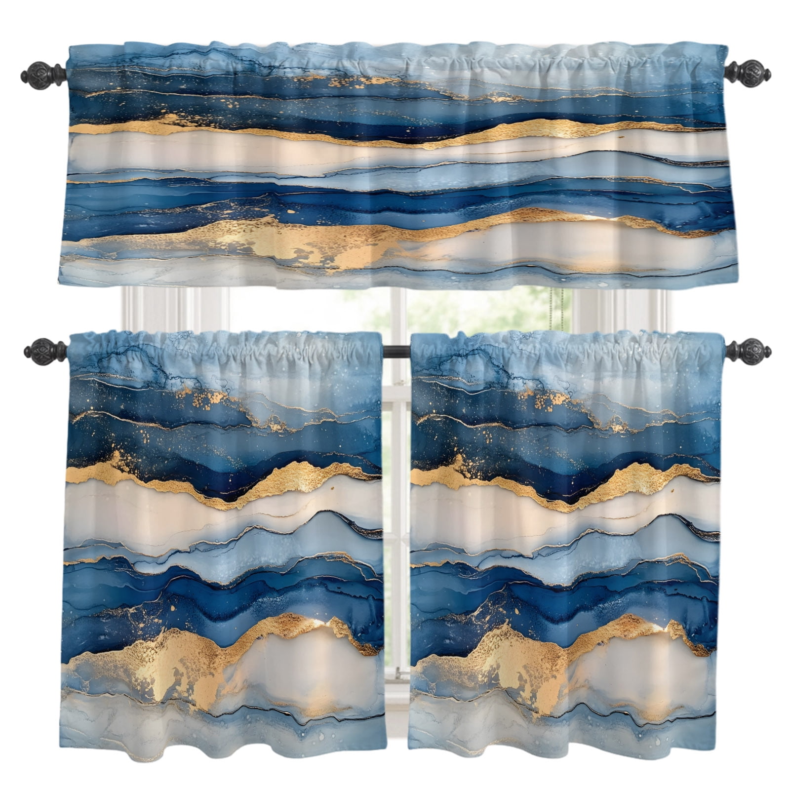 Abstract Waves Kitchen Curtains Valance and Tier Set Blue White Gold ...