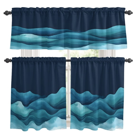 Abstract Waves Kitchen Curtains Valance and Tier Set Navy Blue Wave ...