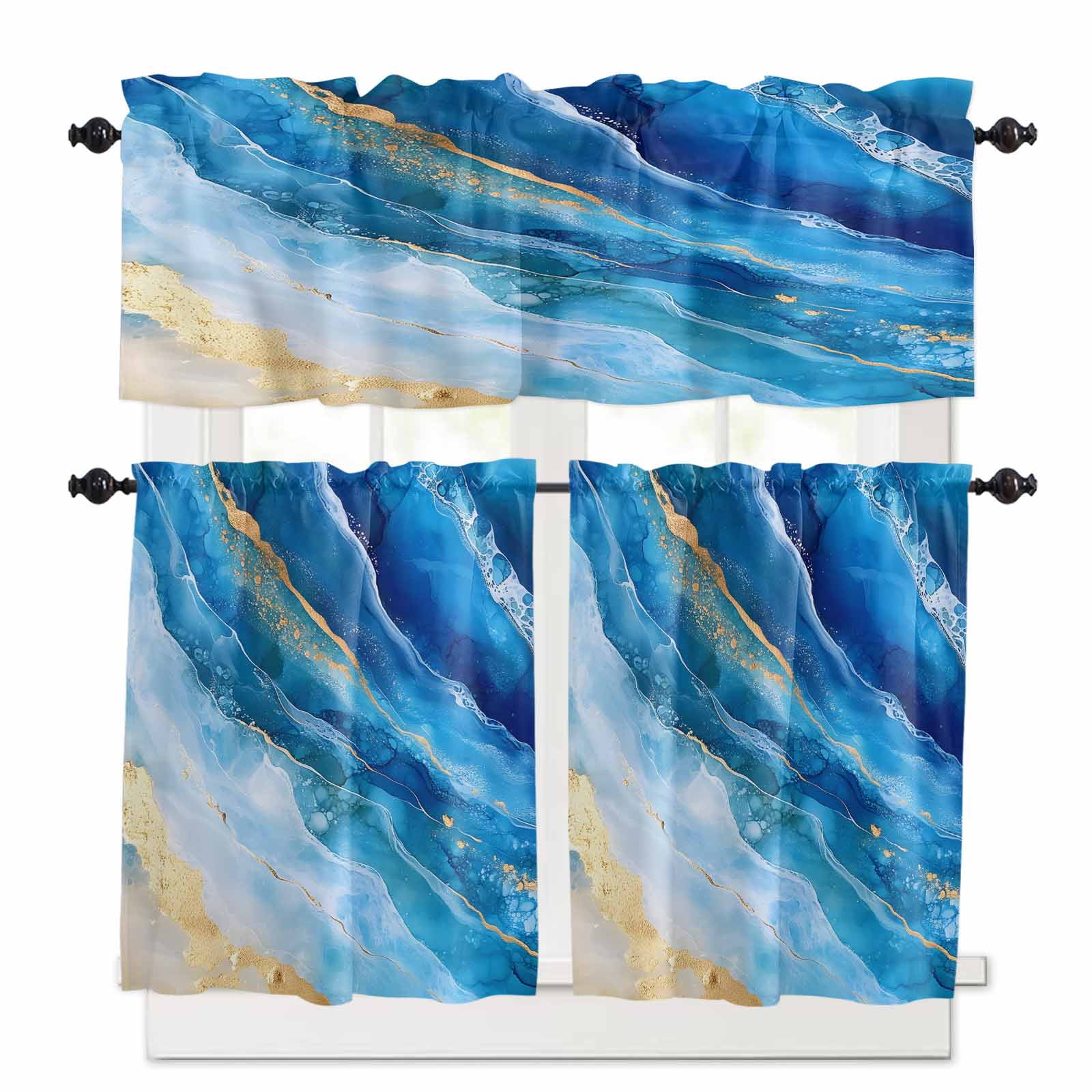 Abstract Waves Kitchen Curtains Valance and Tier Set Retro Blue Gold ...
