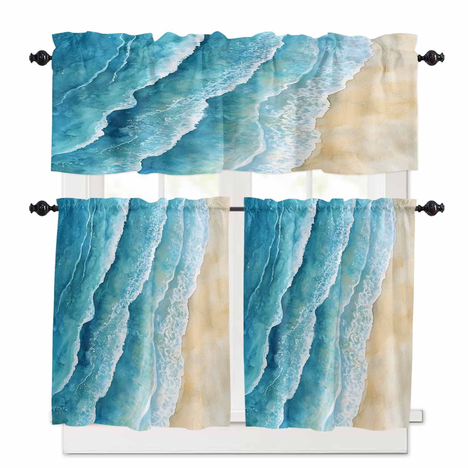 Abstract Waves Kitchen Curtains Valance and Tier Set Spray Blue Ocean ...