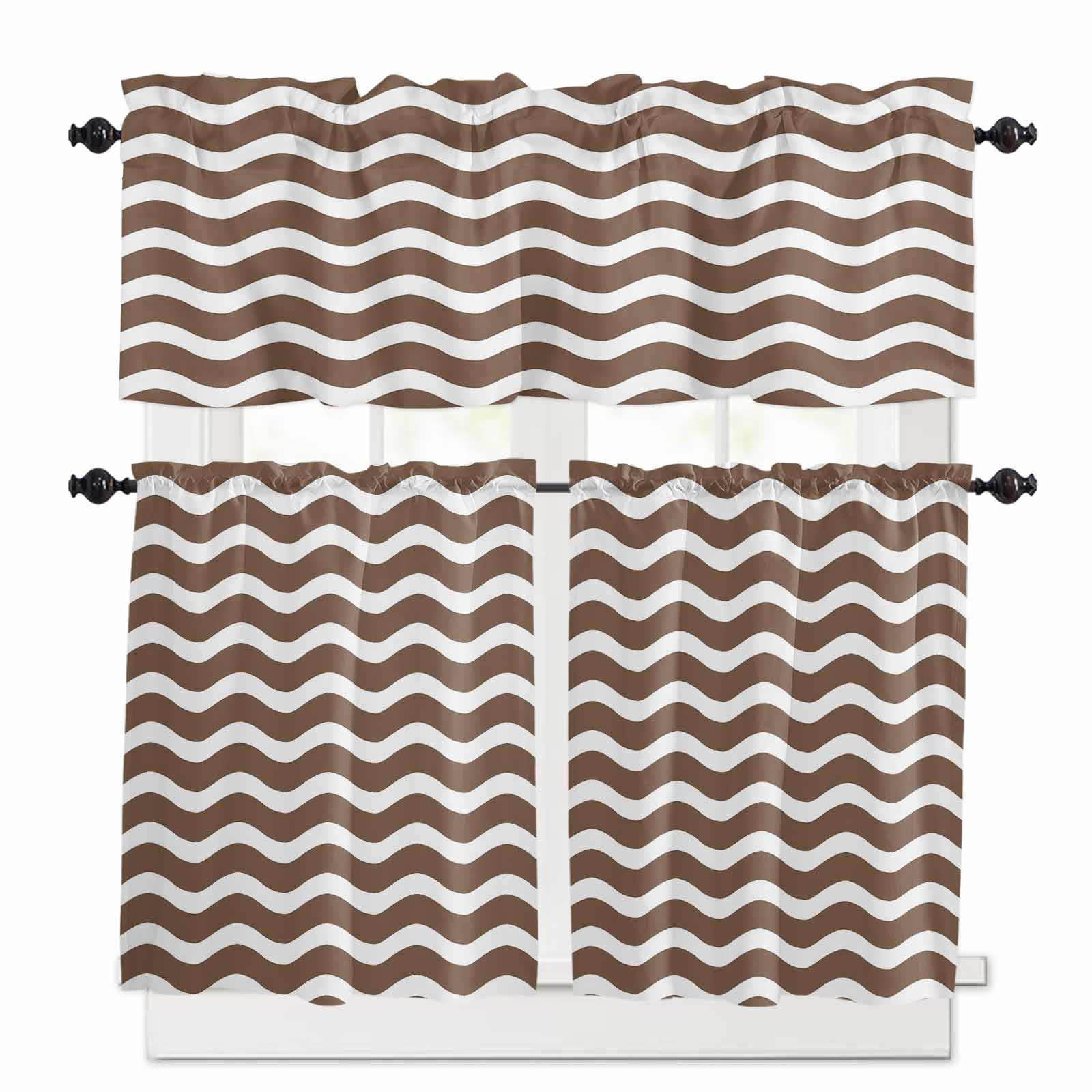 Abstract Waves Kitchen Curtains Valance and Tier Set Stripes Brown ...