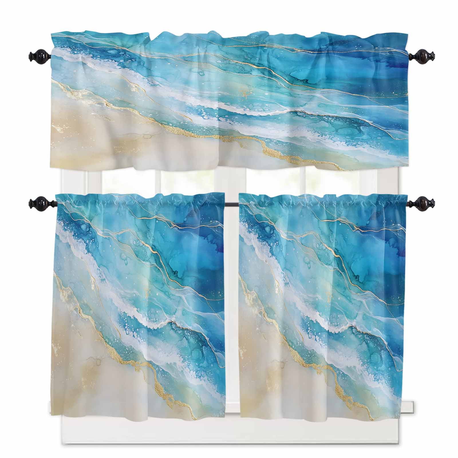 Abstract Waves Kitchen Curtains Valance and Tier Set Surrealism Spray ...