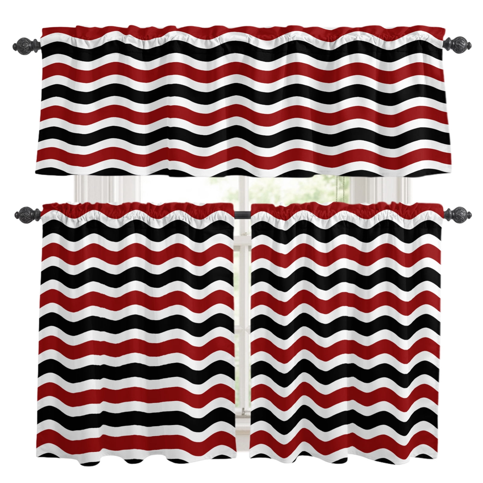 Abstract Waves Kitchen Curtains and Valances Set, Red Black Water ...