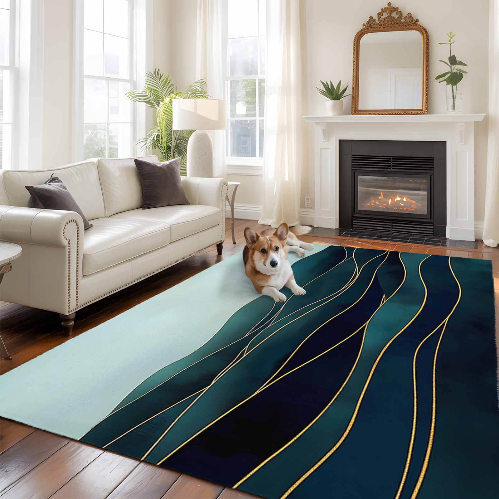 Abstract Waves Large Area Rugs 6x9 ft Geometric Gold Line Mountain Sky ...