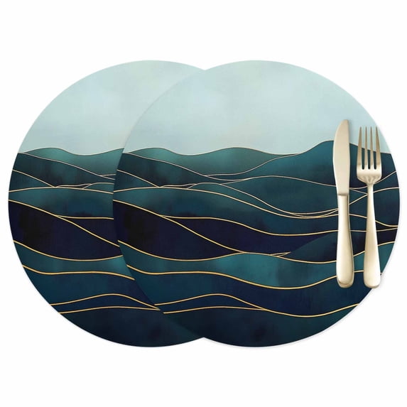 Abstract Waves Leather Placemats Set of 2, 12 Inch, Geometric Gold Line ...