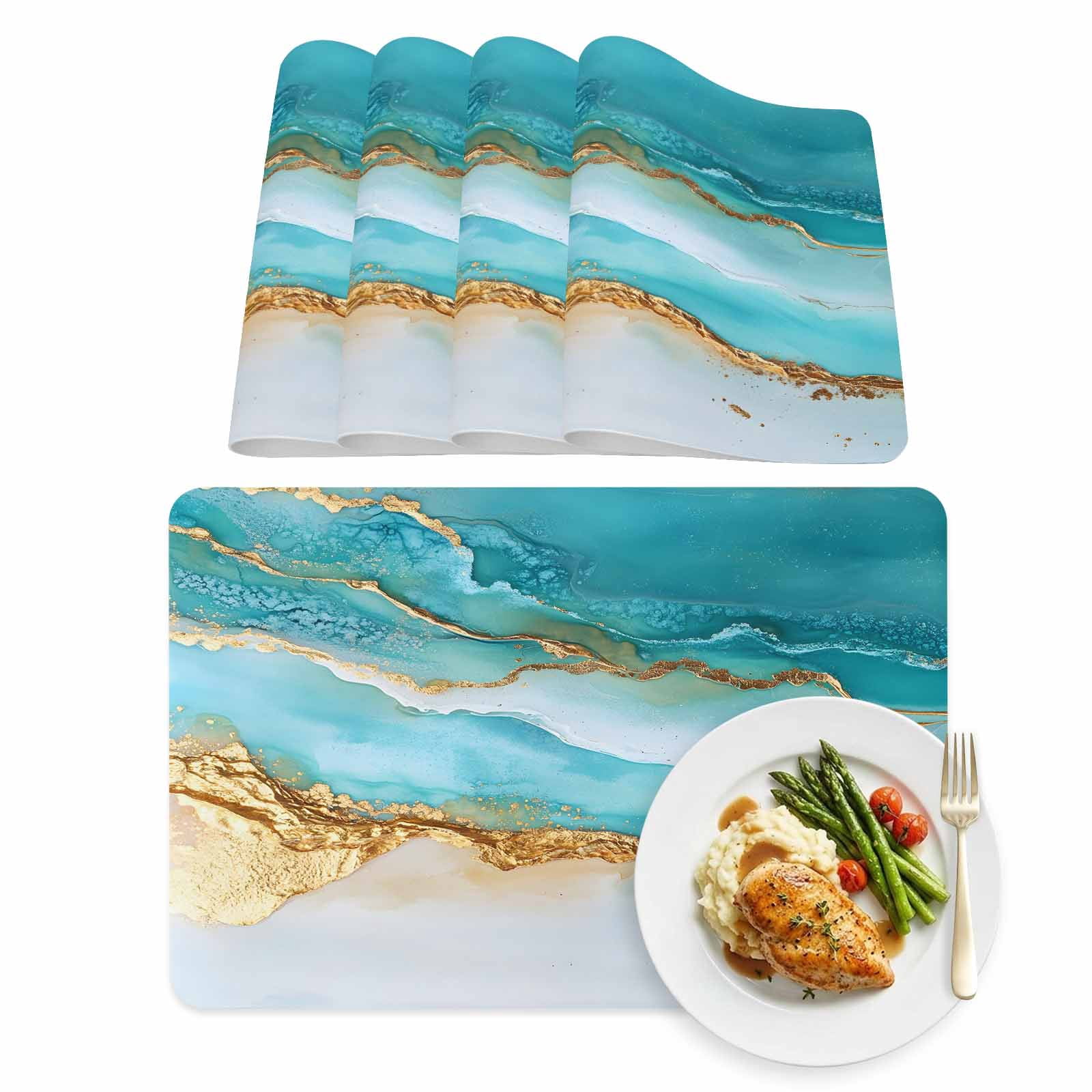 Abstract Waves Leather Placemats Set of 4, 12x18 Inch, Blue Retro Oil ...