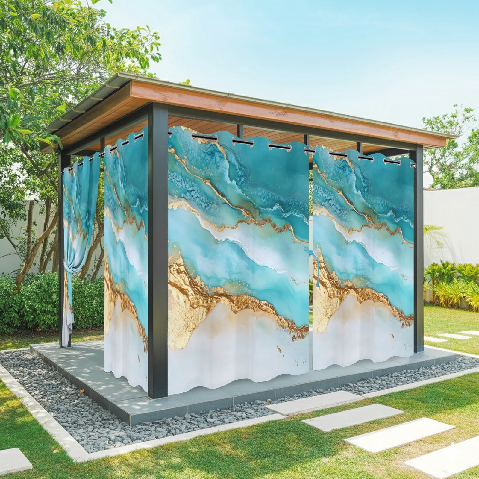 Abstract Waves Outdoor Curtains, Blue Retro Oil Painting Style Hand ...