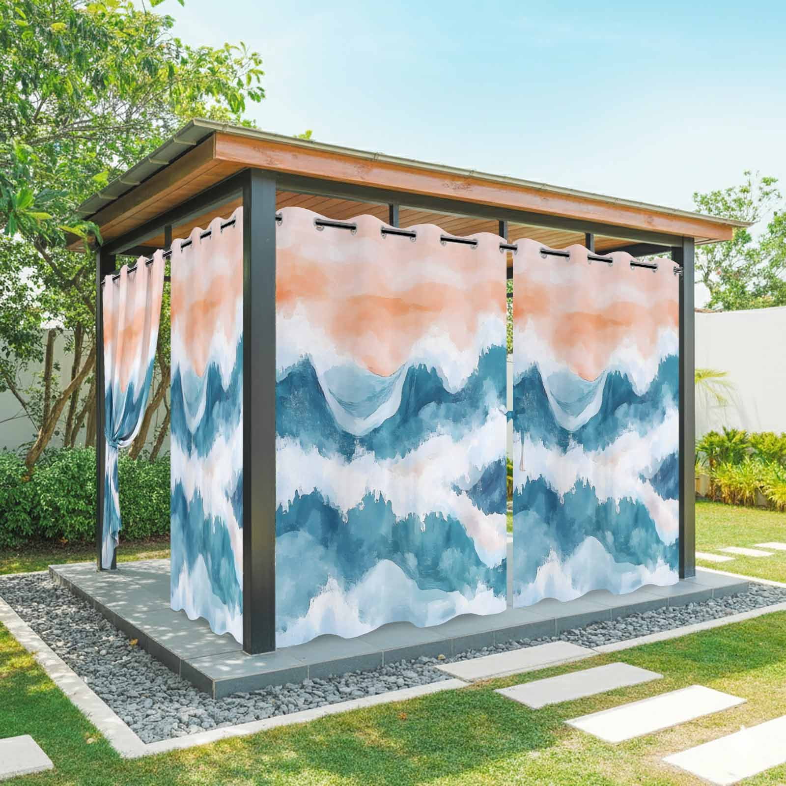 Abstract Waves Outdoor Curtains for Patio Waterproof, Spray Orange Blue ...