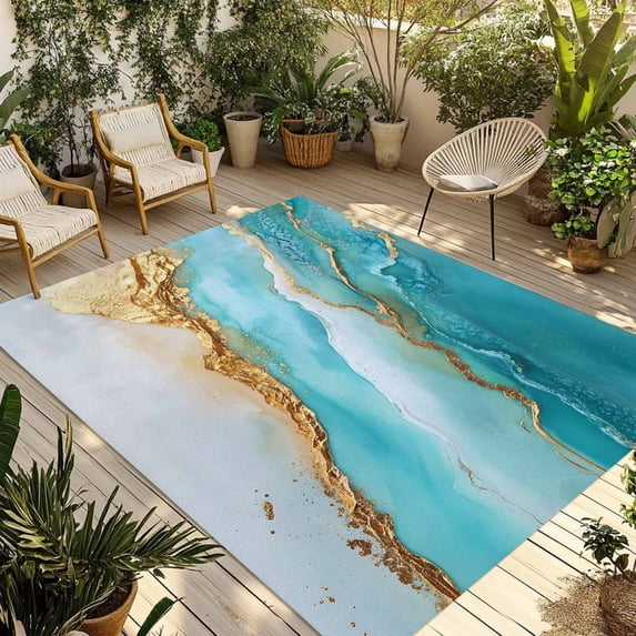 Abstract Waves Outdoor Rug, Blue Retro Oil Painting Style Hand-painted ...