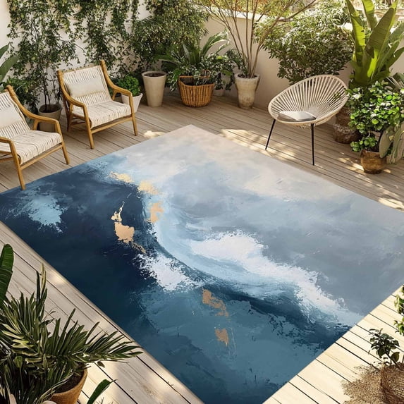 Abstract Waves Outdoor Rug, Blue Theme Oil Painting Style Non-Slip Area ...
