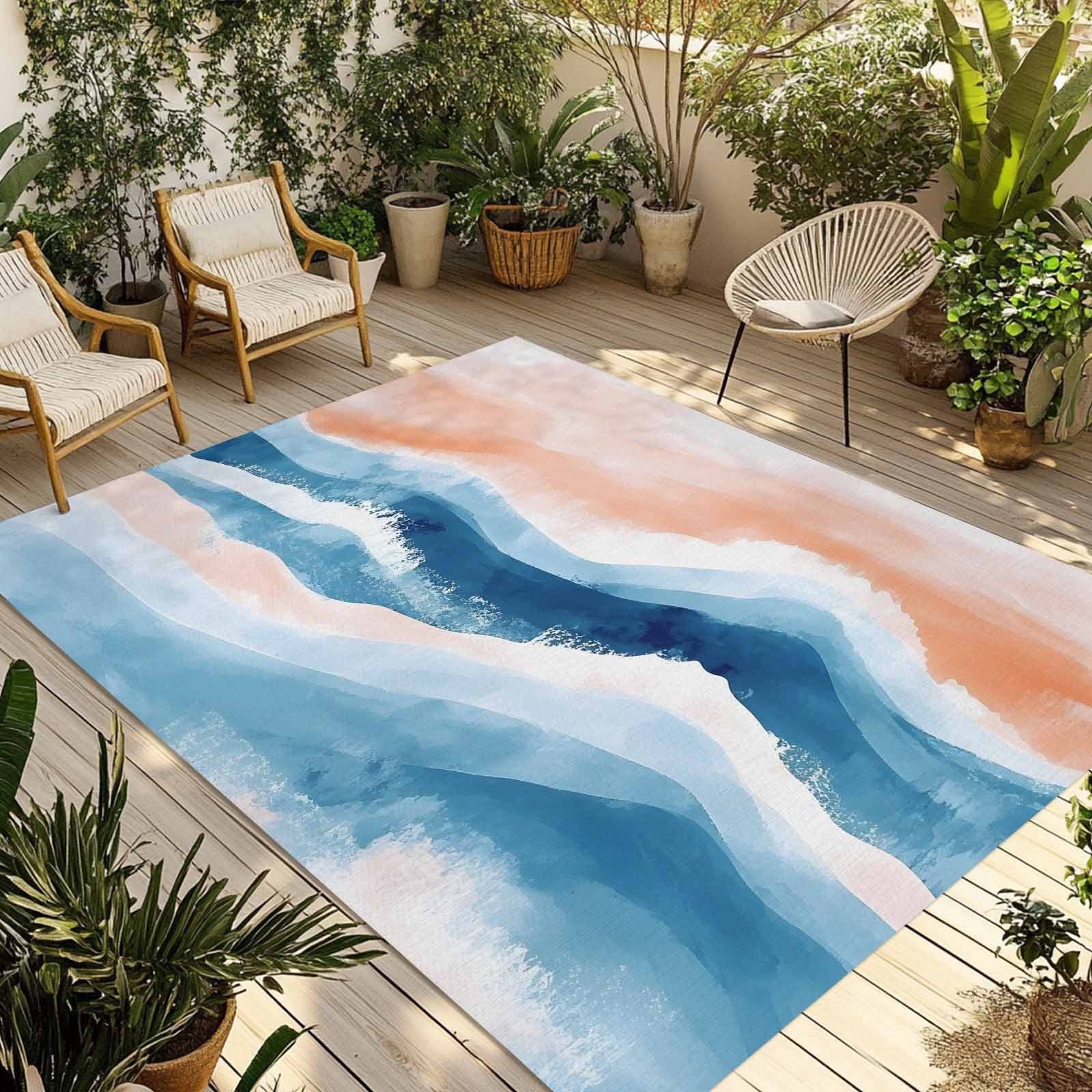 Abstract Waves Outdoor Rug, Gradient Orange Blue Spray Non-Slip Area ...