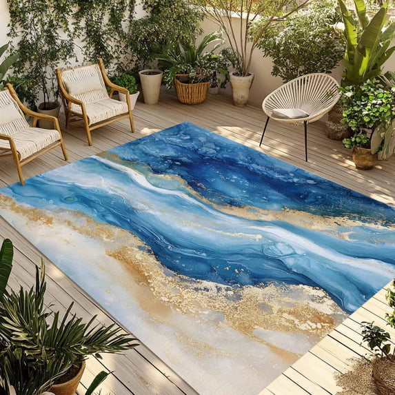 Abstract Waves Outdoor Rug, Retro Blue White Gold Oil Painting Style ...