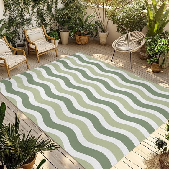 Abstract Waves Outdoor Rug, Sage Green Water Ripple Stripes Non-Slip ...