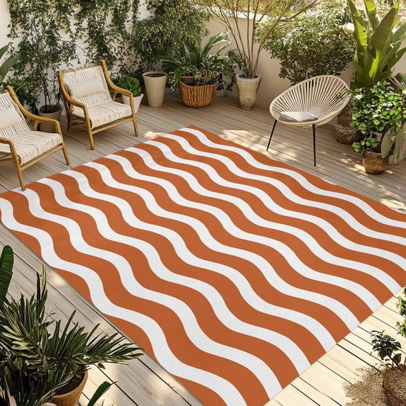 Abstract Waves Outdoor Rug, Stripes Orange Water Ripple Non-Slip Area ...