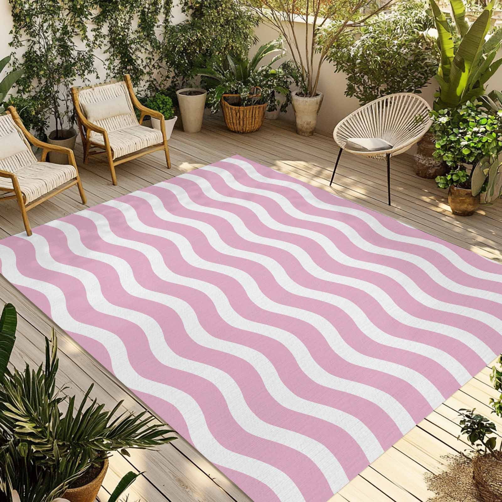 Abstract Waves Outdoor Rug, Stripes Pink Water Ripple Non-Slip Area ...