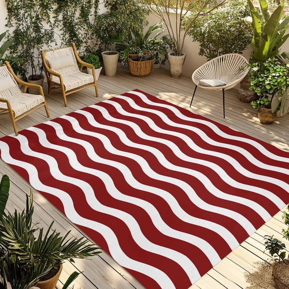 Abstract Waves Outdoor Rug, Stripes Red Water Ripple Non-Slip Area Rugs ...