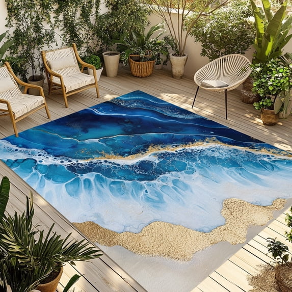 Abstract Waves Outdoor Rug, White Blue Gold Oil Painting Retro Style ...