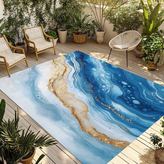 Abstract Waves Outdoor Rug, White Blue Gold Retro Oil Painting Style ...