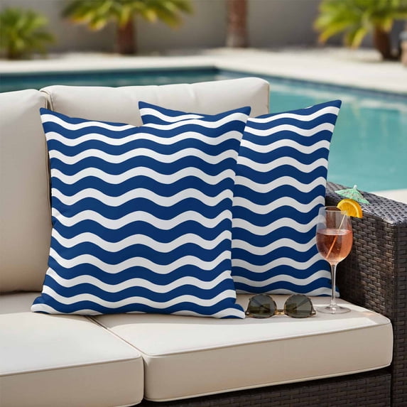 Abstract Waves Outdoor Throw Pillow Covers Set of 2, Stripes Navy Blue ...