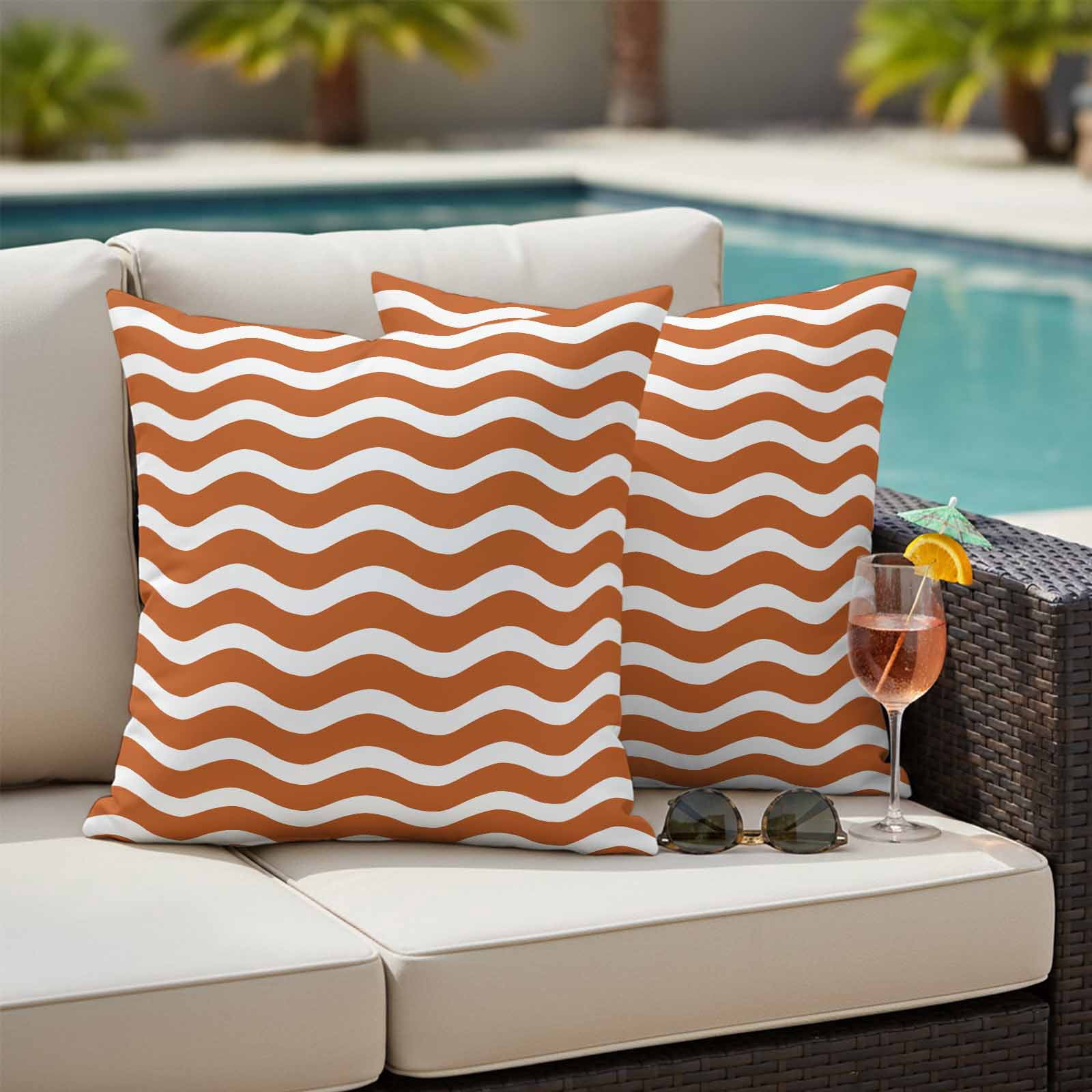 Abstract Waves Outdoor Throw Pillow Covers Set of 2, Stripes Orange ...