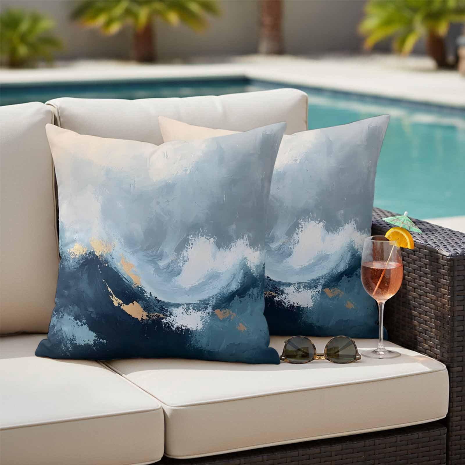 Abstract Waves Outdoor Waterproof Throw Pillow Covers Set of 2, 16"x16 ...