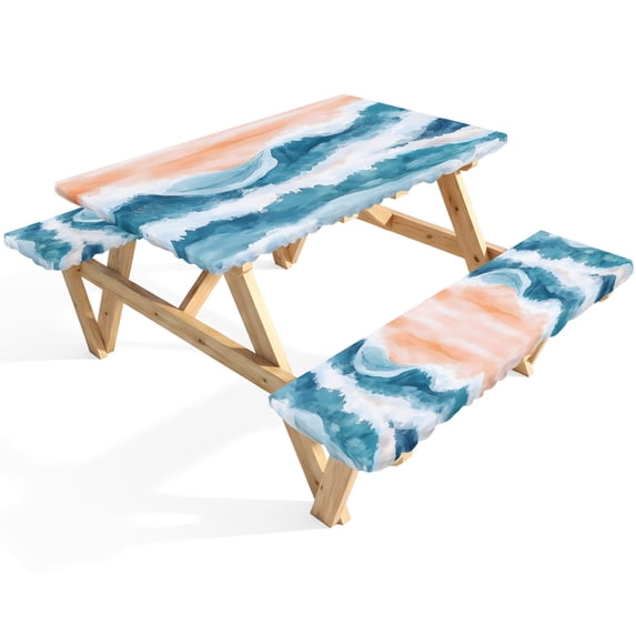 Abstract Waves Picnic Table Cover with Bench Covers Spray Orange Blue ...