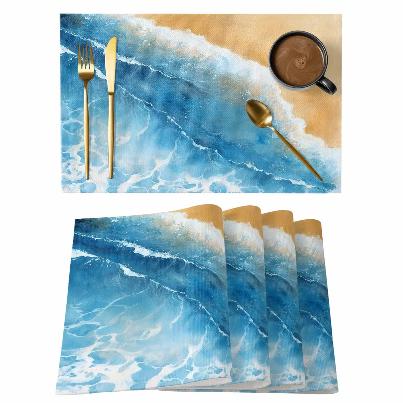 Abstract Waves Placemats Set of 1, Ocean Spray Beach Watercolor ...
