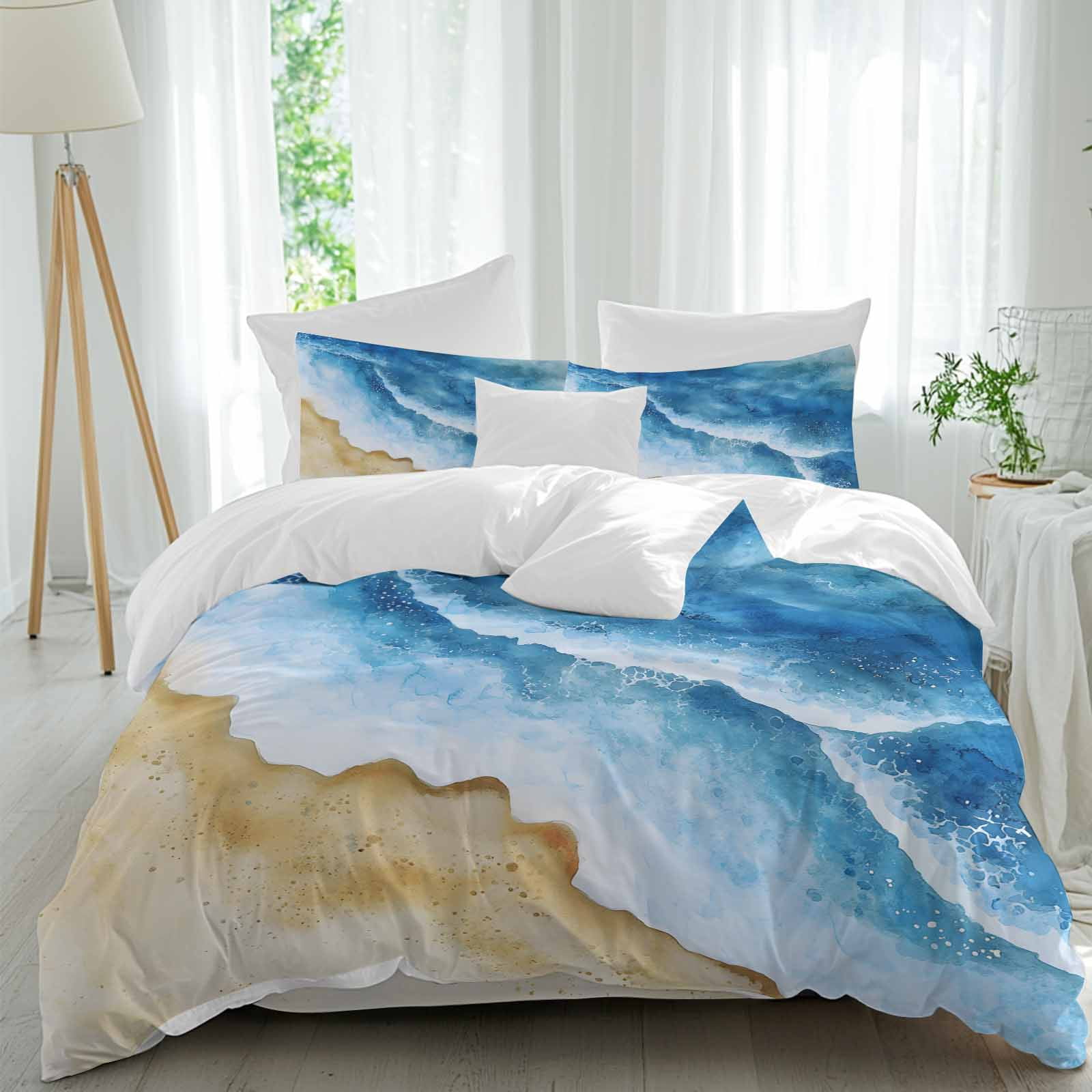 Abstract Waves Queen Duvet Cover Set, Beach Ocean Spray Watercolor ...