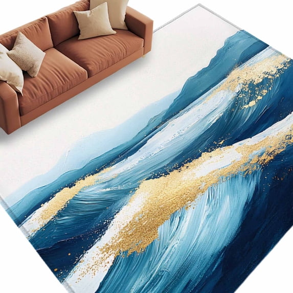 Abstract Waves Rectangle Area Rug 8x10 ft Gradient Blue White Gold ...