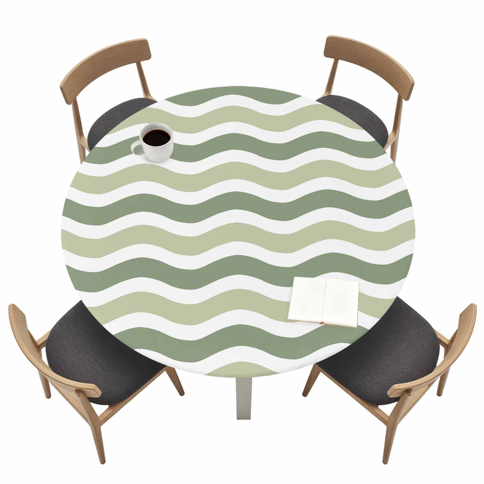 Abstract Waves Round Fitted Tablecloth with Elastic Edge Sage Green ...