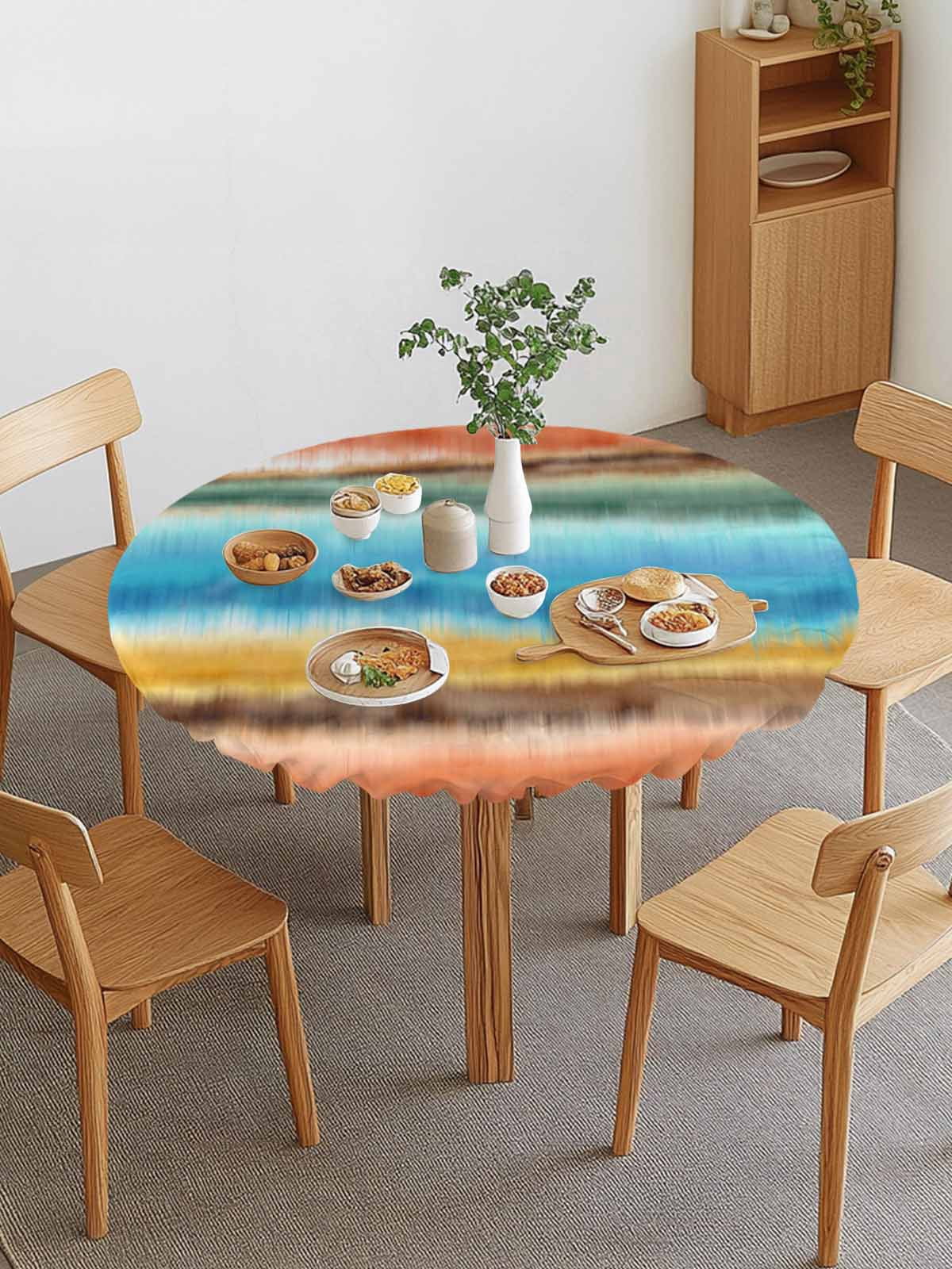 Abstract Waves Round Fitted Tablecloth with Elastic Edge, Watercolor ...