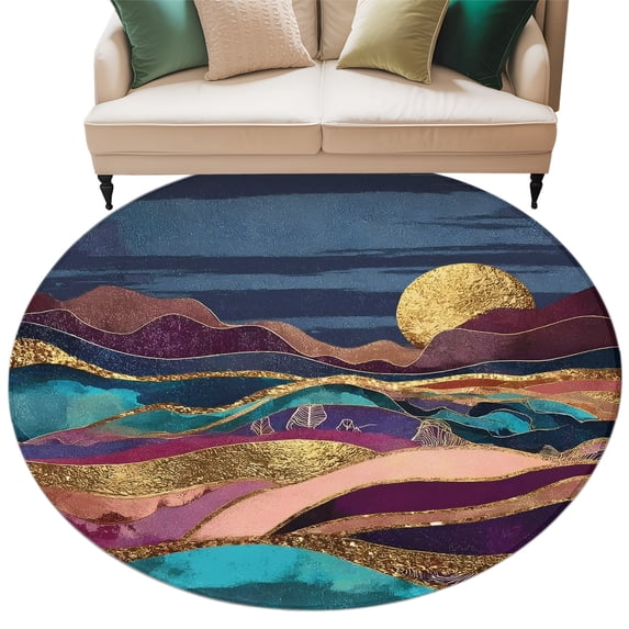 Abstract Waves Round Rug 8ft Washable Circle Rugs Non Slip Golden Sun ...